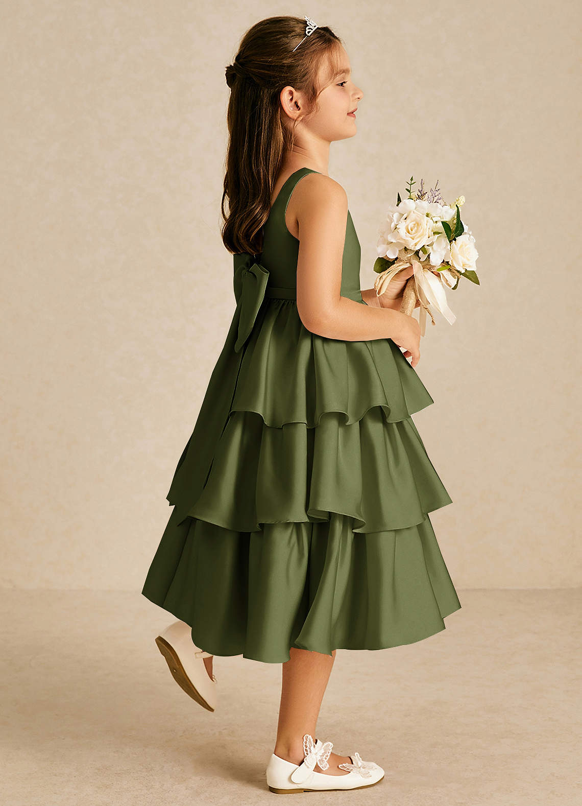 Azazie Margie Olive A-Line Bow Stretch Satin Dress | Azazie