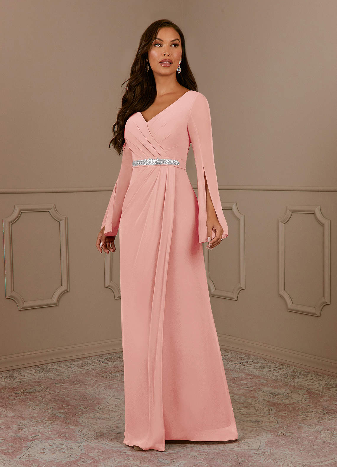 Azazie Belinda Rosette A-Line V-Neck Pleated Chiffon Dress | Azazie UK