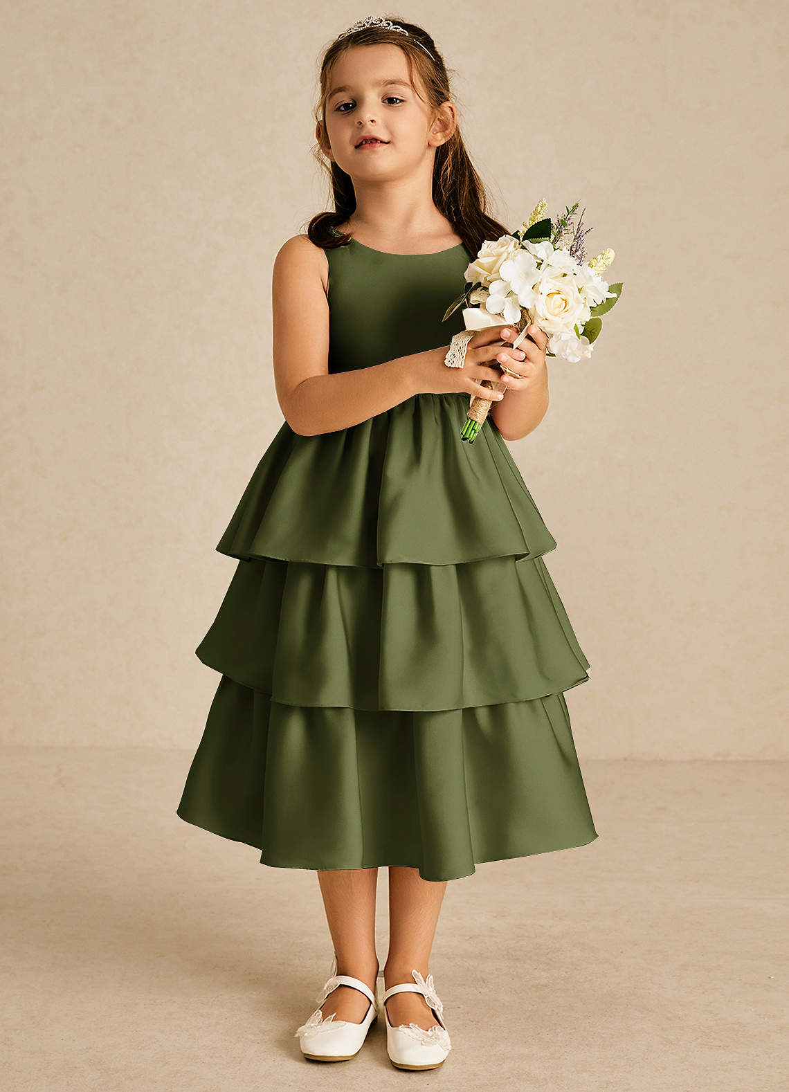 Azazie Margie Olive A-Line Bow Stretch Satin Dress | Azazie
