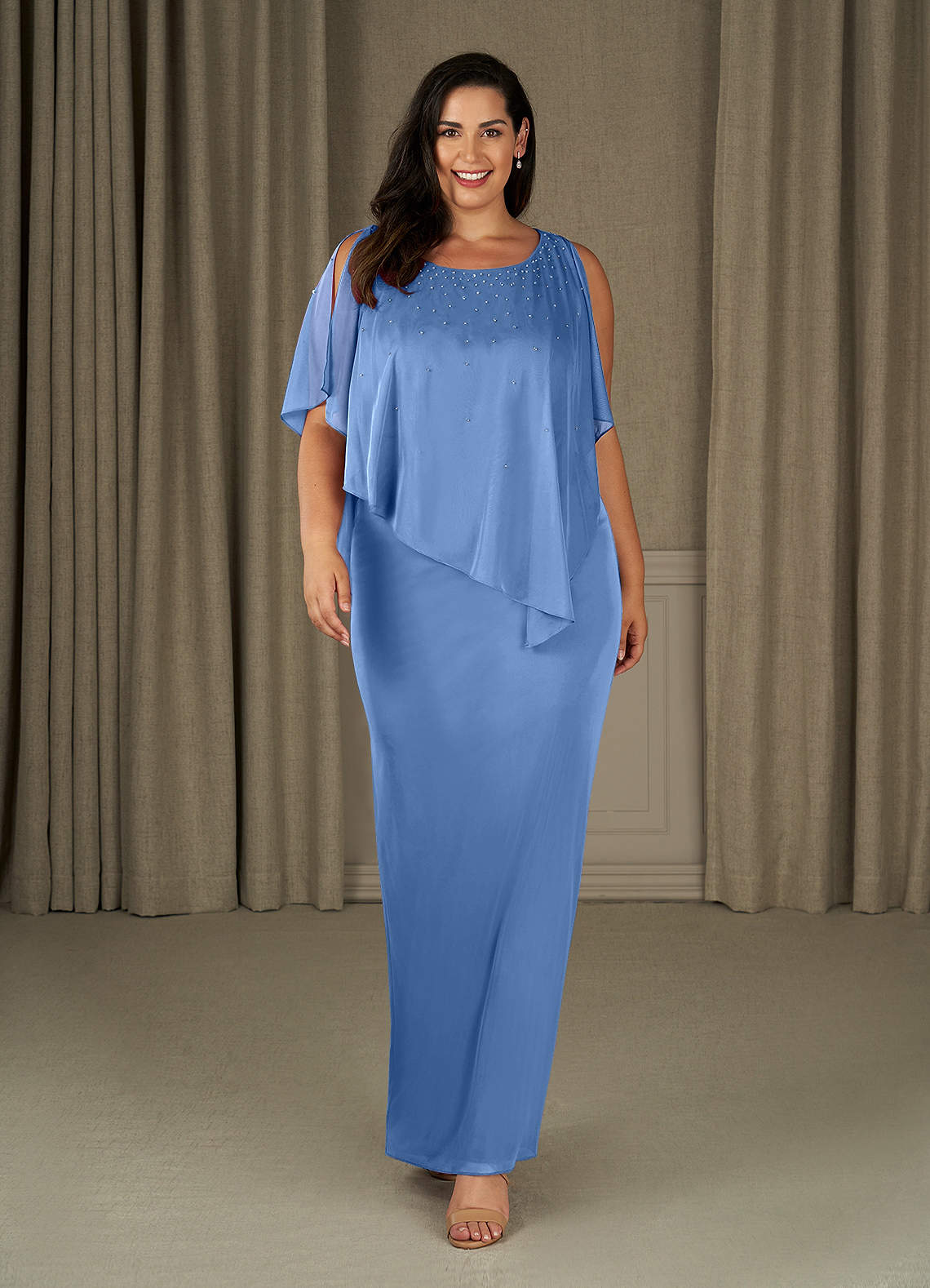 Azazie Aspyn Steel Blue Sheath Beaded Mesh Dress | Azazie